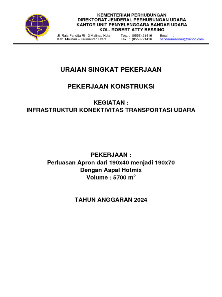 Uraian Singkat Pekerjaan Perluasan Apron Malinau 2024 | PDF