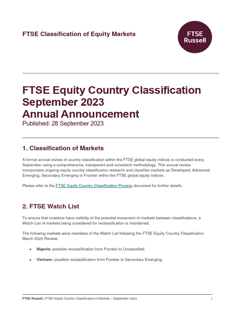FTSE Country Classification Update 2023 | PDF | Stock Market Index | Stocks