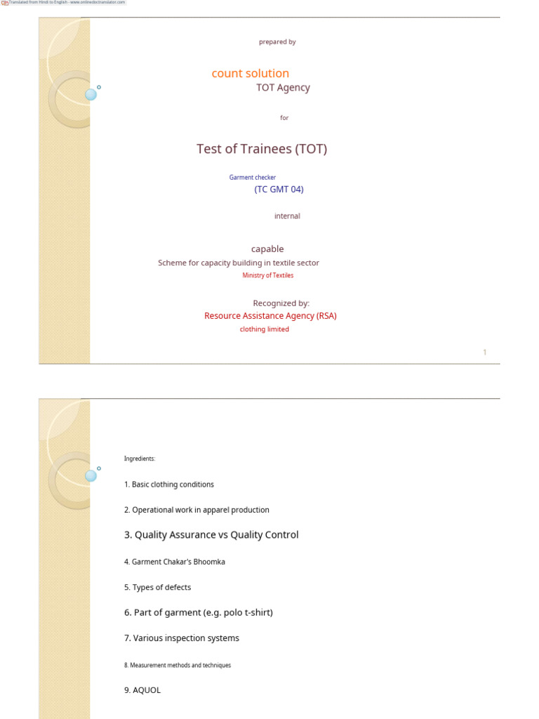TOT Samarth Garment Checker-1 Ahdh - Hi.en | PDF | Textiles | Yarn