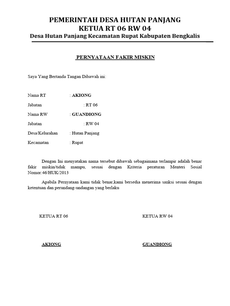 Surat Pernyataan BPJS RT RW | PDF