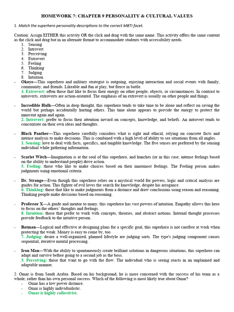 Homework 7 - Chapter 9 Personality & Cultural Values | PDF | Thought | Extraversion And Introversion