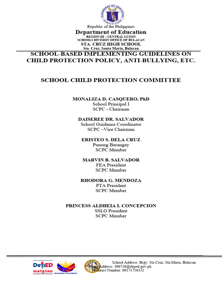School Implementing Guidelines Child Protection Policy | PDF | Bullying ...