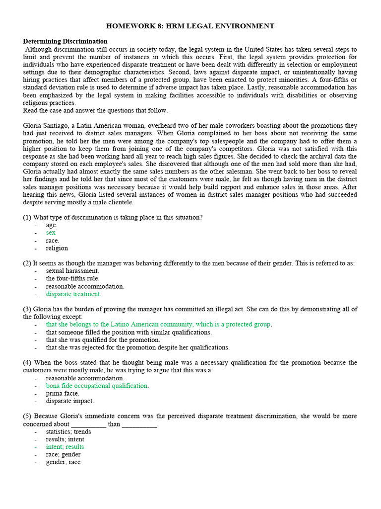 Homework 8- HRM Legal Environment | PDF | Employment | Discrimination