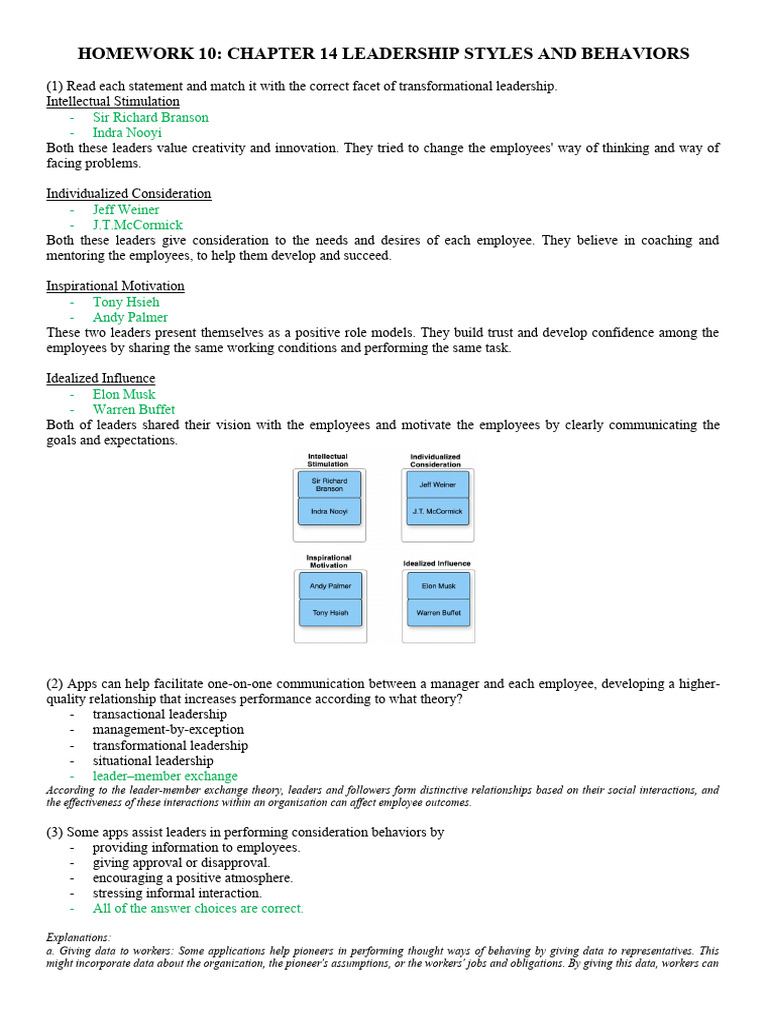 Homework 10 - Chapter 14 Leadership Styles and Behaviors | PDF ...