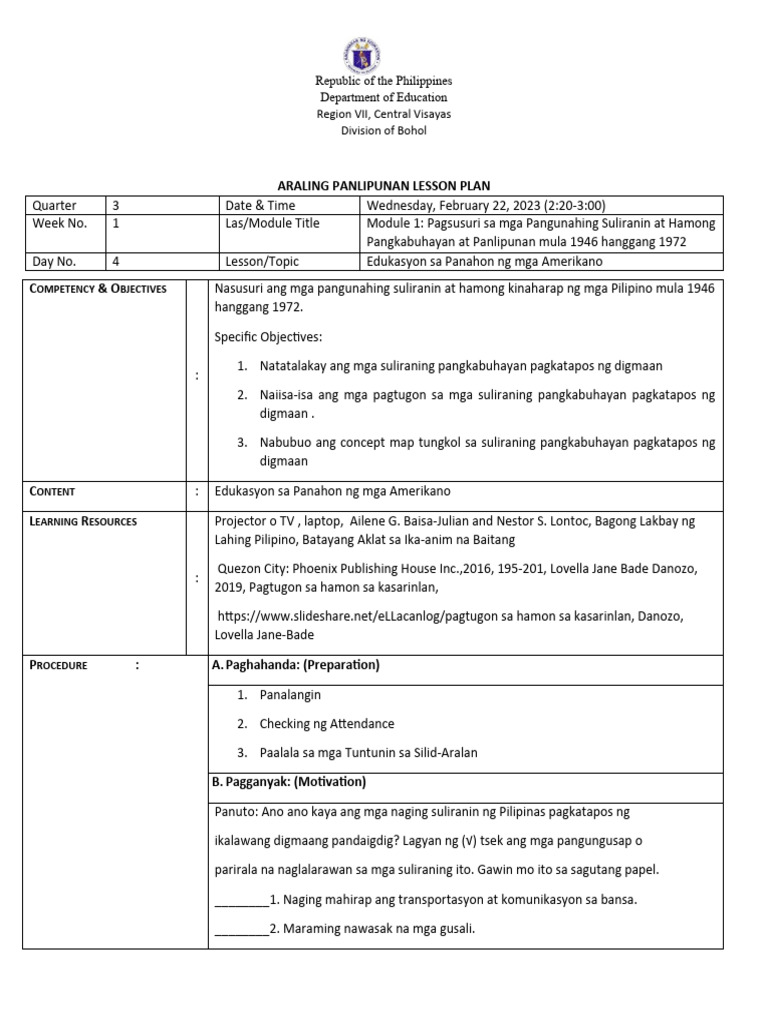 Araling Panlipunan Lesson Plan | PDF