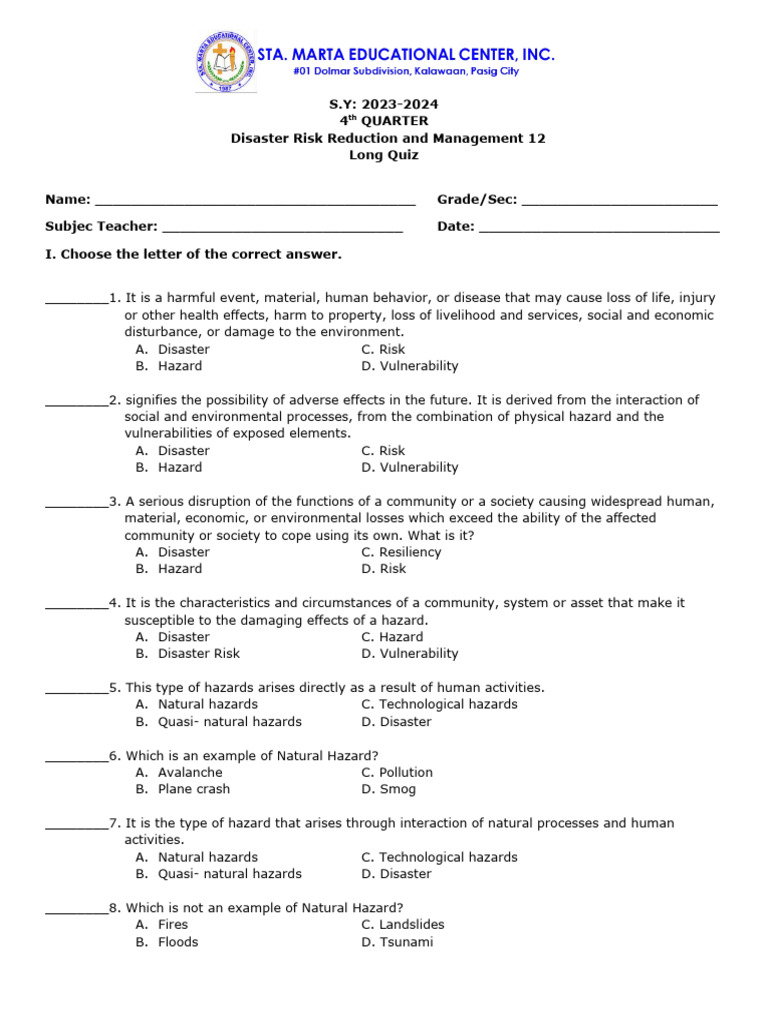 4th Quarter - DRRM LONG QUIZ 4 | PDF | Natural Disasters | Hazards