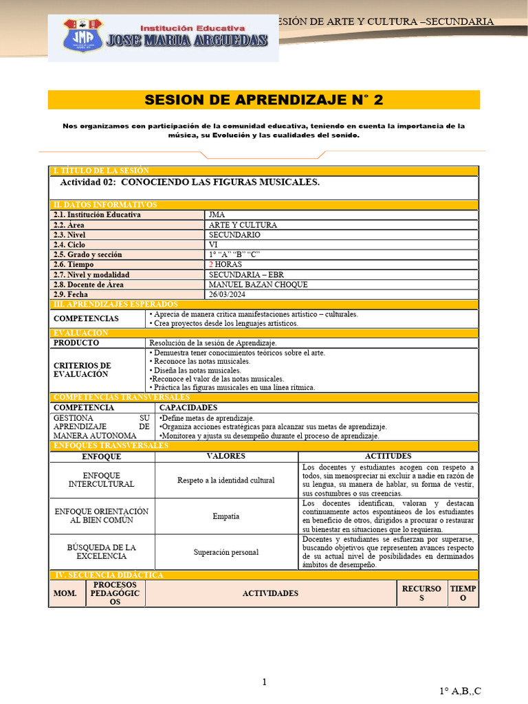 Sesion de Aprendizaje N 2 Arte 1ro | PDF | Aprendizaje | Evaluación
