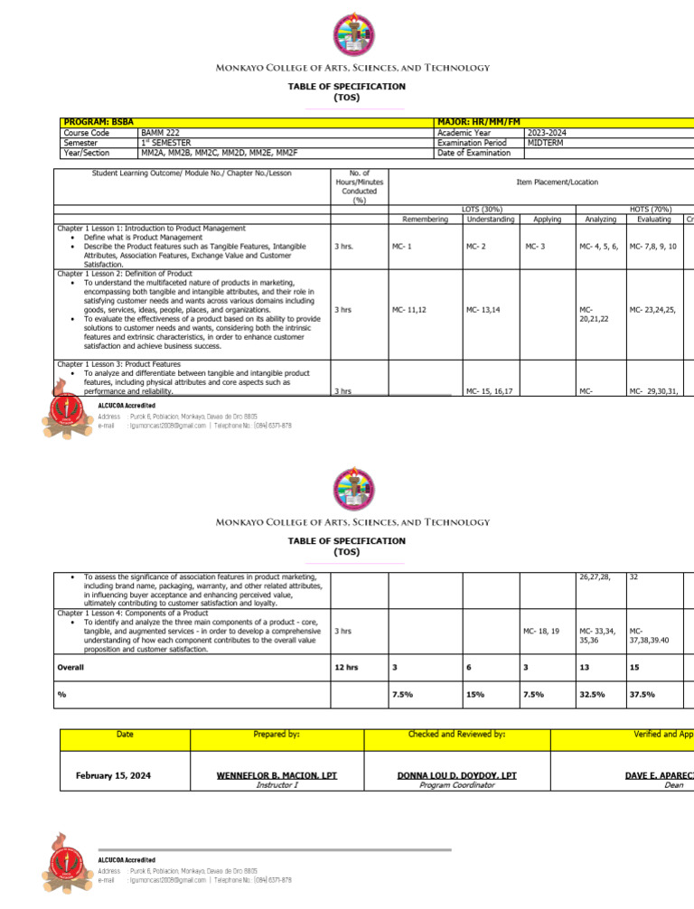 TOS-Product Management-BSBA (1) | PDF | Customer Satisfaction | Human ...
