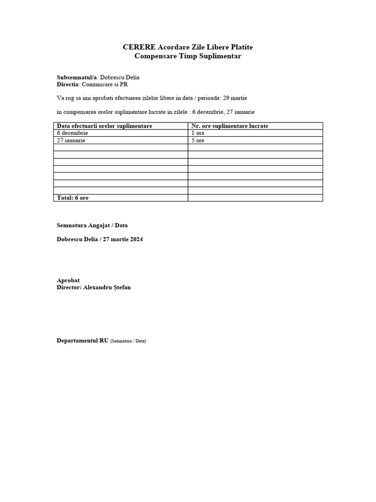 Model Cerere Recuperare Ore Suplimentare | PDF
