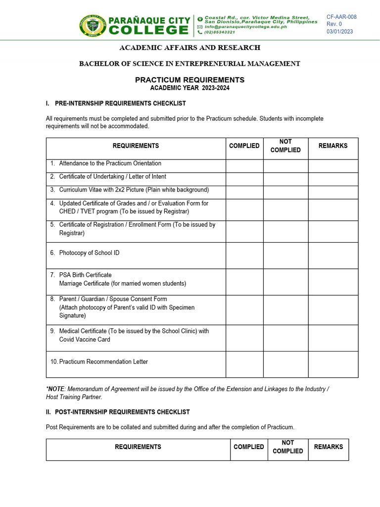 Cf-Aar-008-Practicum Requirement Checklist | PDF