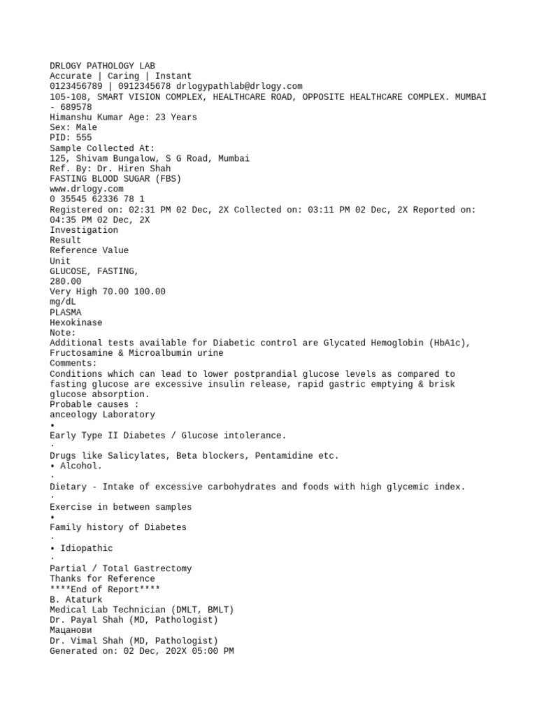 Fasting Blood Sugar Report for Himanshu | PDF | Wellness
