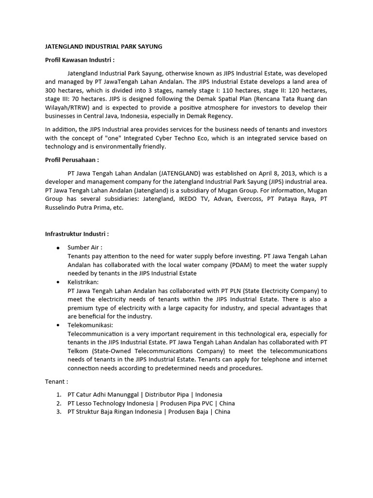 Jatengland Industrial Park Overview | PDF | Indonesia