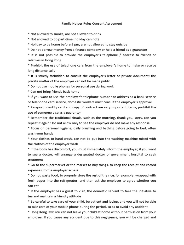 Family Helper Rules Consent Agreement | PDF | Meal | Lunch
