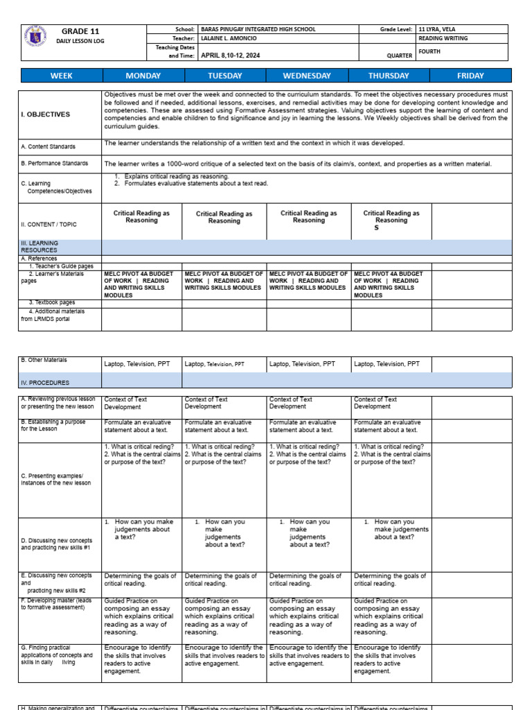Amoncio Week 2 4Q Reading Writing April 2024 | PDF | Learning | Curriculum