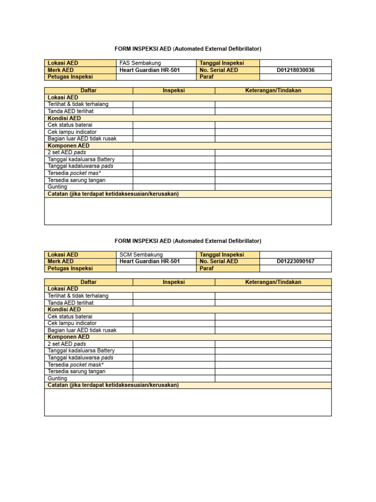 Form Inspeksi AED Sembakung | PDF