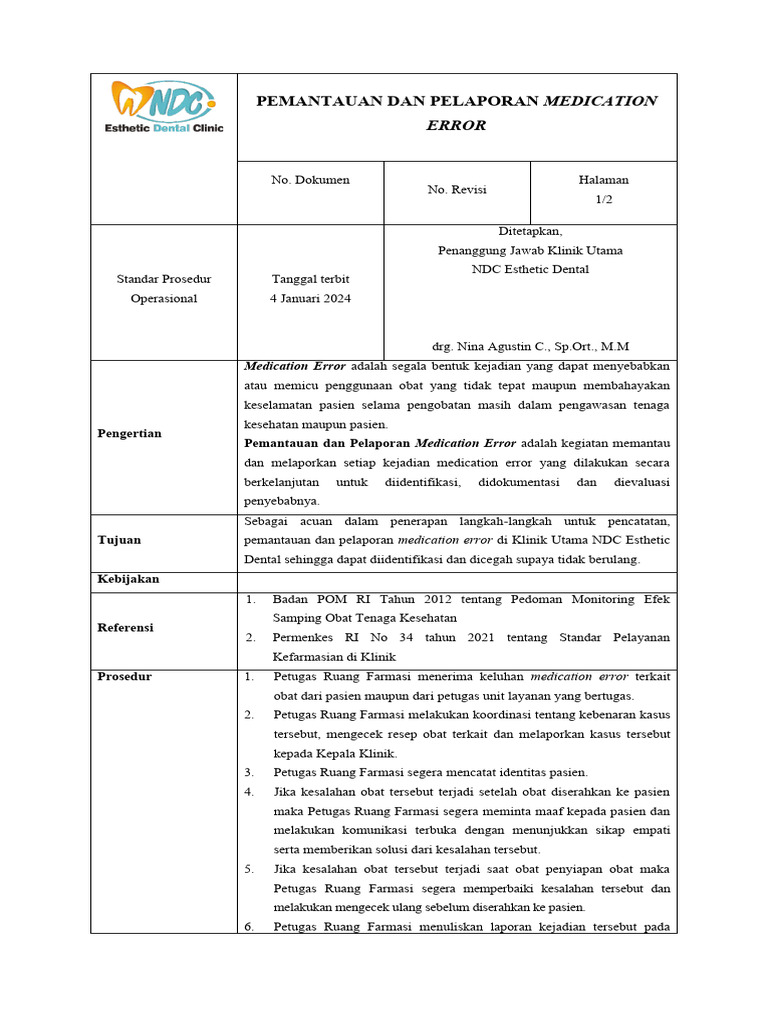 3.15.11 SOP PEMANTAUAN DAN PELAPORAN MEDICATION ERROR | PDF