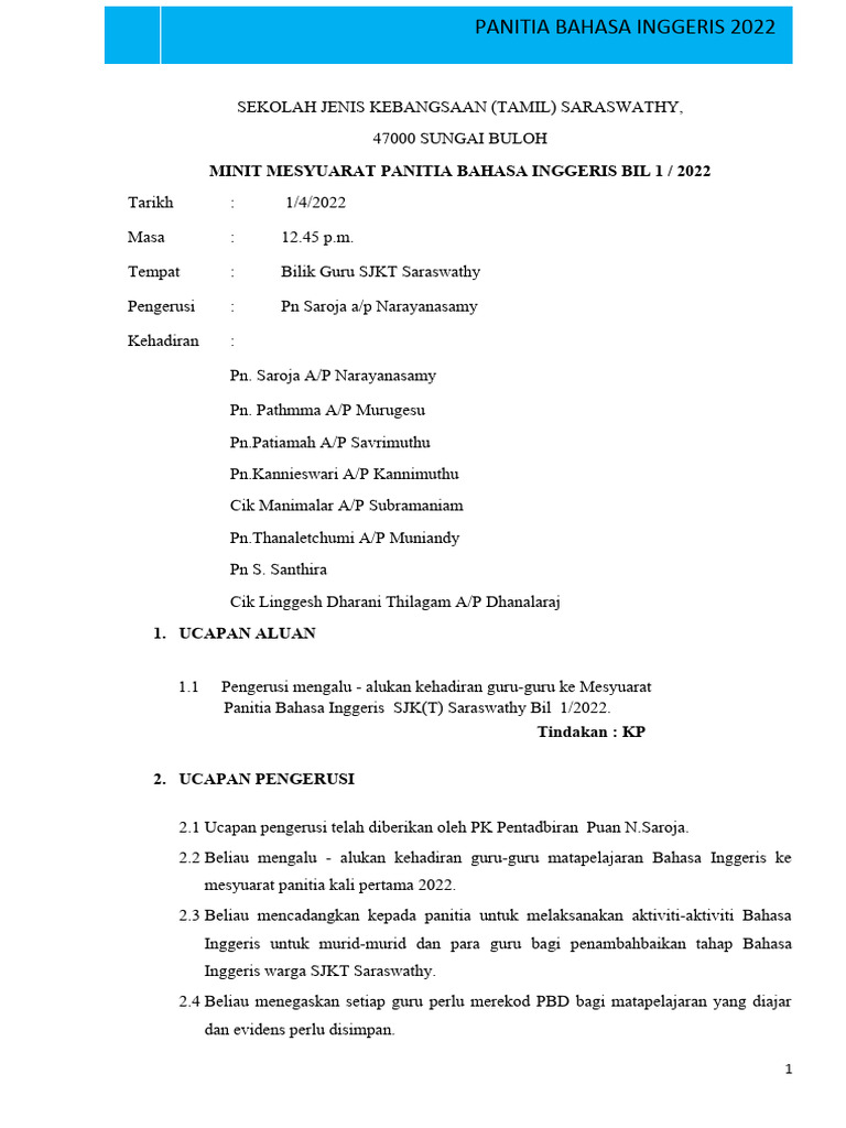 Minit Mesyuarat 1 Bi 2022 | PDF