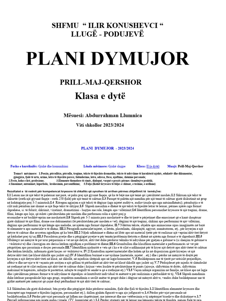 Plani Mujor - kl-II - Prill-Maj-Qershor | PDF
