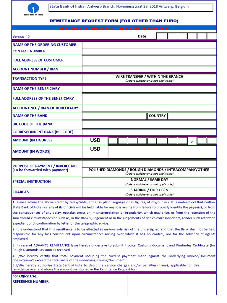 Remittance Request Form_04.03.2020 | PDF | Banks | Payments
