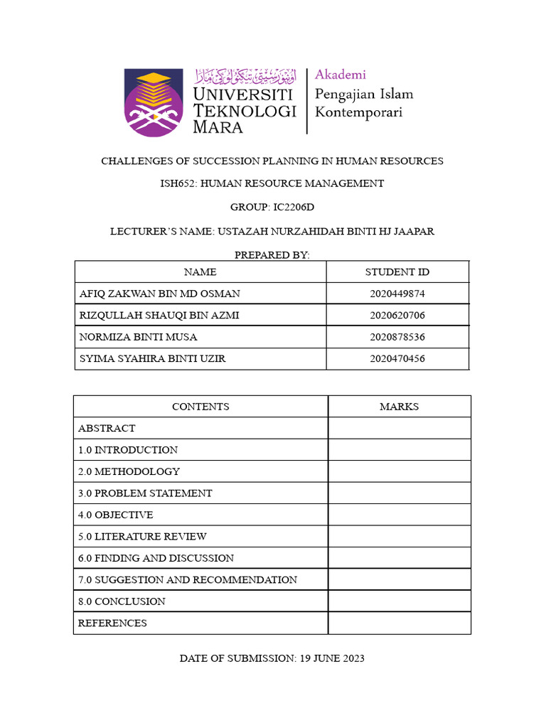 Assignment Ish652 Human Resource Management Group 7 Ic2206d - Succession Planning Human Resource ...