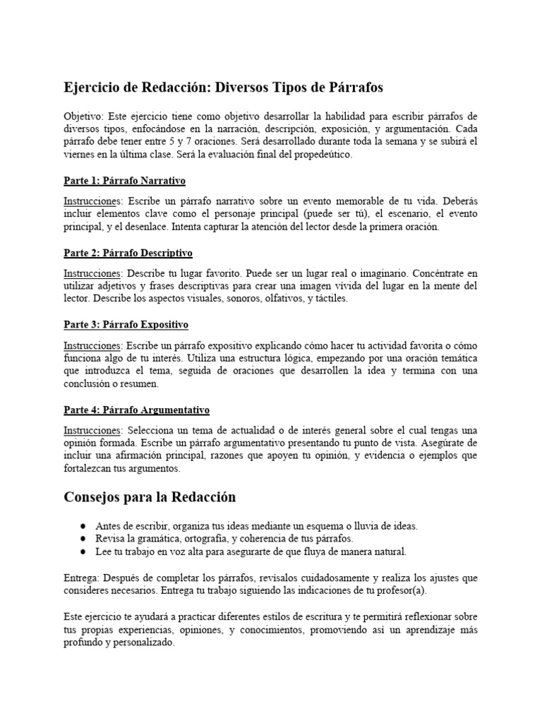 Ejercicio de Redacción - Diversos Tipos de Párrafos - CIERRE DE PROPEDEÚTICO | Descargar gratis ...