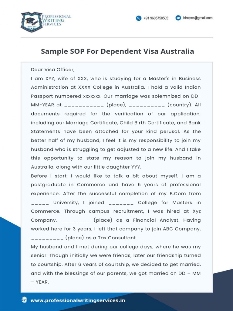SOP for Australia Dependent Visa Application | PDF | Travel Visa