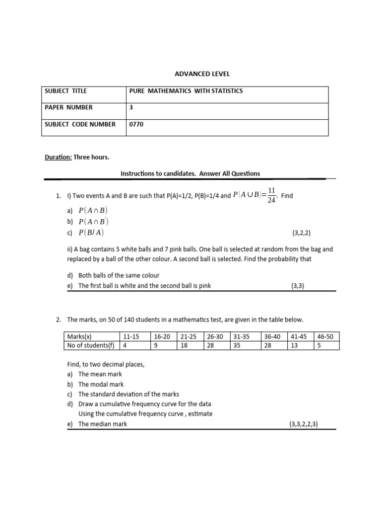 Advanced Level PMS | PDF | Probability Distribution | Mean