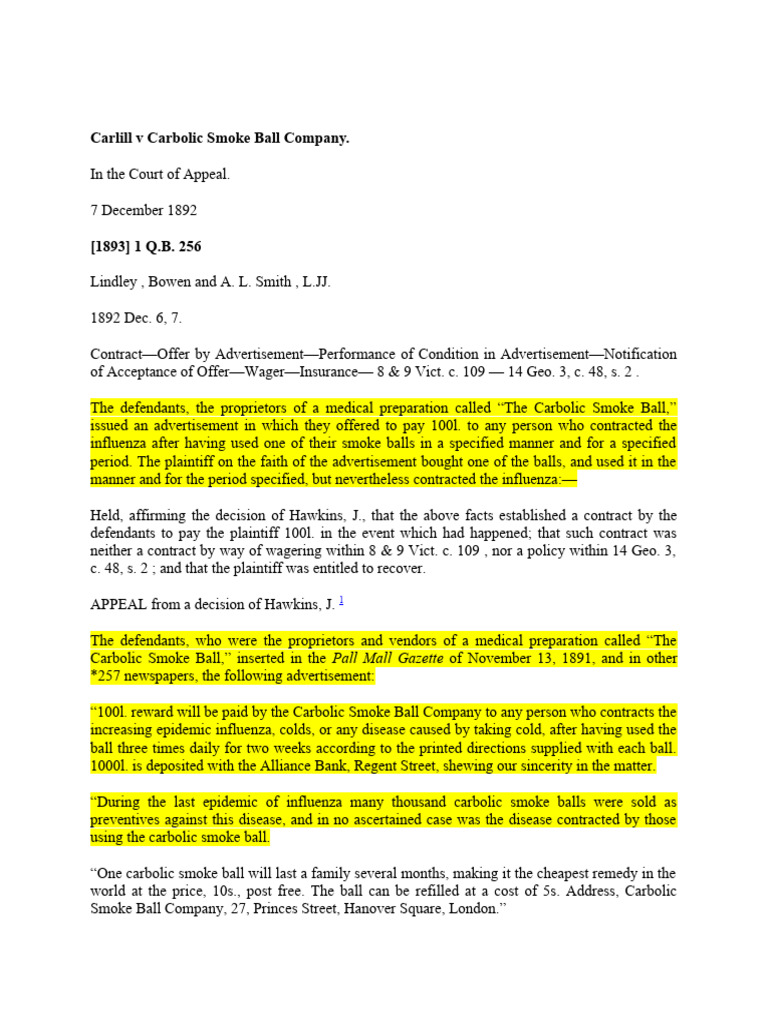 Carlill V Carbolic Smoke Ball Company | PDF | Common Law
