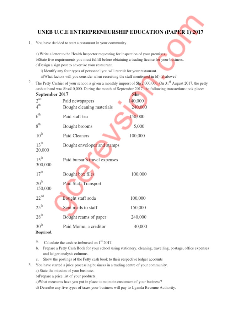 Uneb U.C.E Entrepreneurship Education Paper 1 2017 | PDF | Stocks | Postage Stamp