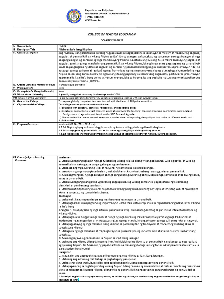 SDG 2024 Syllabus Filipino Sa Ibat Ibang Disiplina | PDF