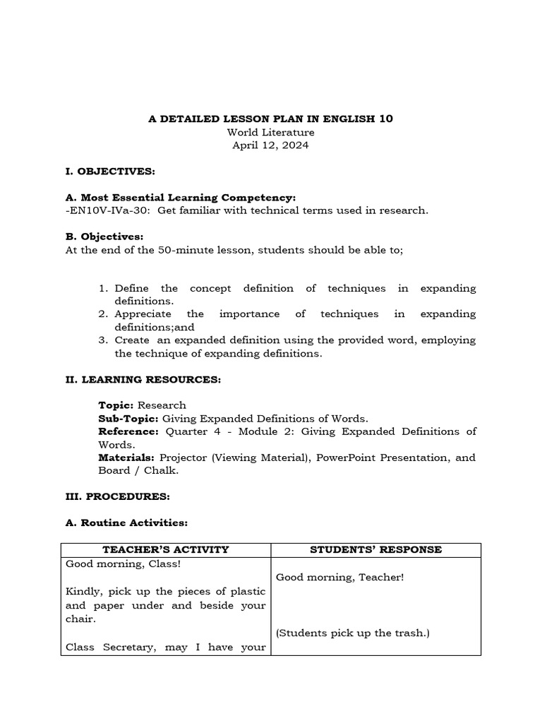 Expanded Definitions Lesson Plan | PDF | Happiness | Causality