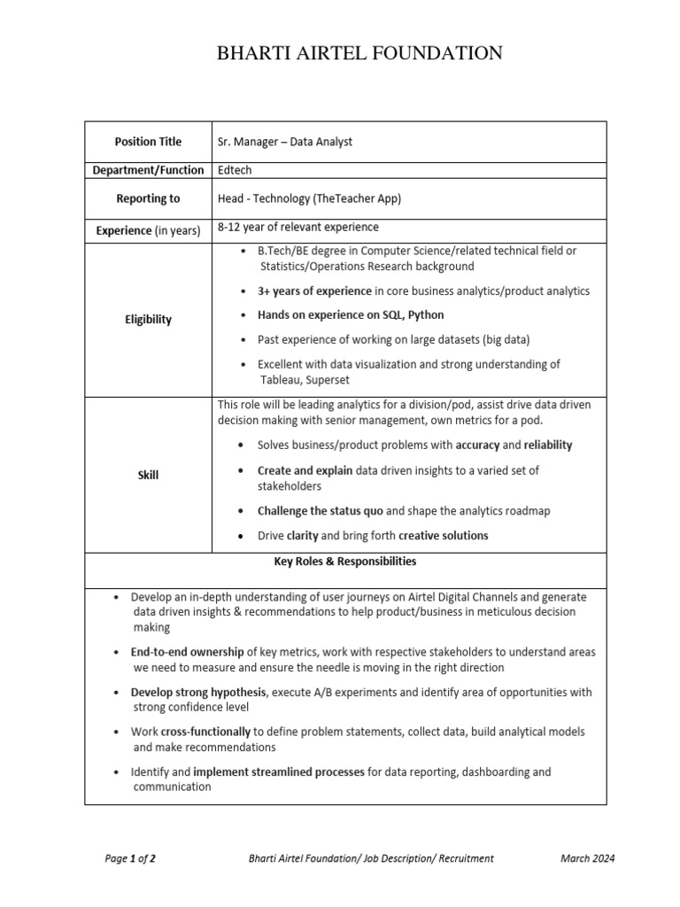JD - Edtech - Sr. Data Analyst | PDF | Analytics | Data JD - Edtech - Sr. Data Analyst | PDF | Analytics | Data