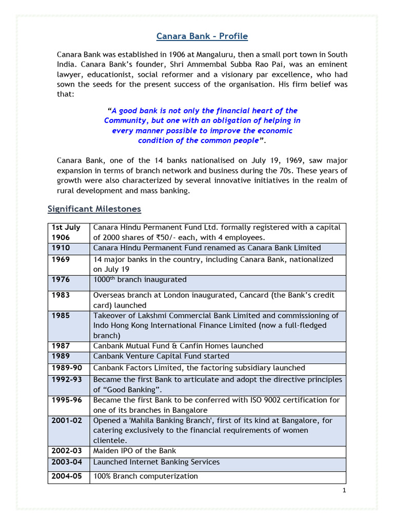 Canara Bank: History & Achievements | PDF | Banks | Private Sector
