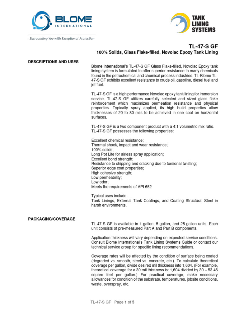 TL 47S GF Glass Flake Filled Novolac Epoxy Tank Lining | PDF | Concrete ...