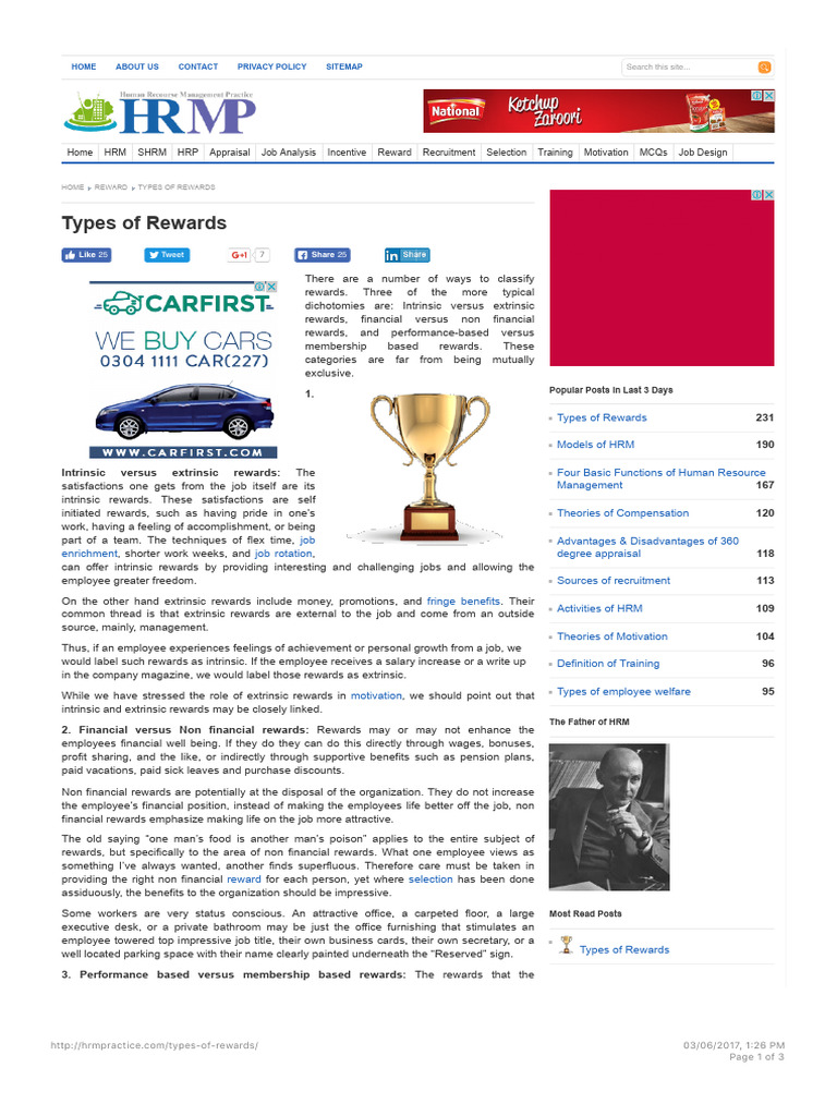 Types of Rewards in HRM Explained | PDF | Motivation | Motivational