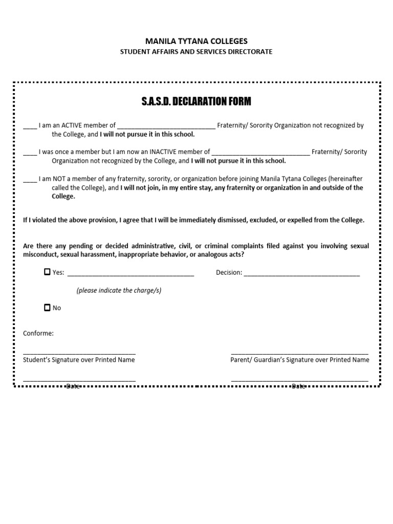 SASD Declaration Form for Students | PDF | Career & Growth | Self ...