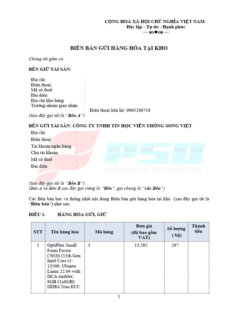 Mau Bien Ban Gui Hang Hoa Tai Kho PSD | PDF