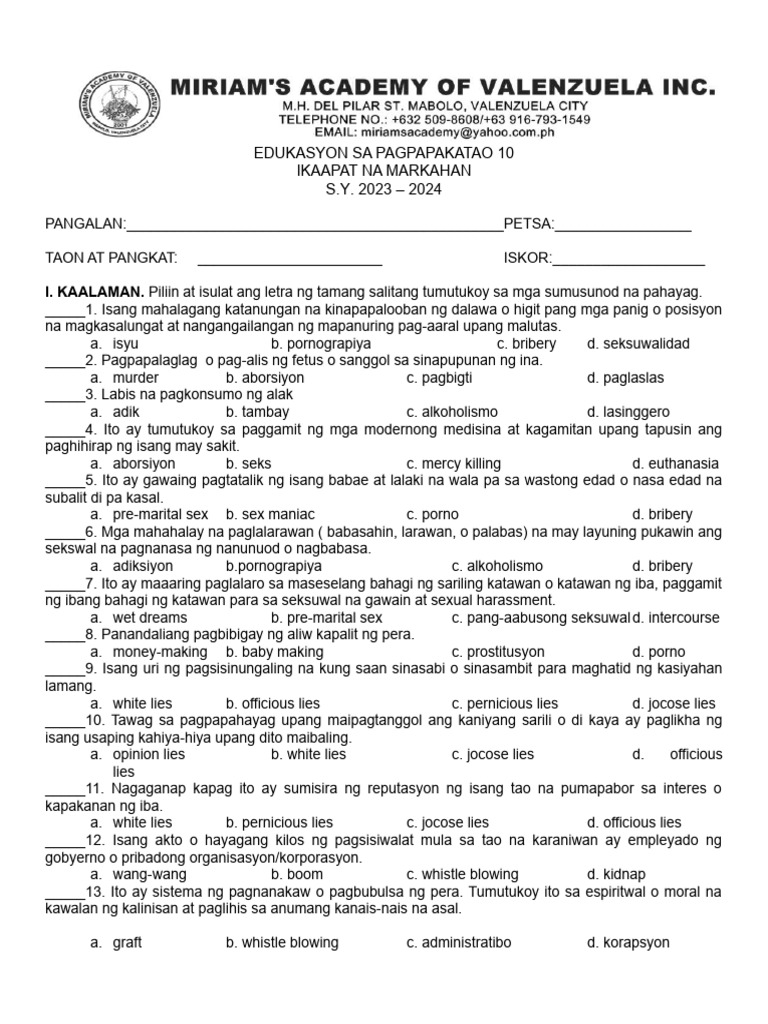 g10-4th Periodic Test Esp | PDF