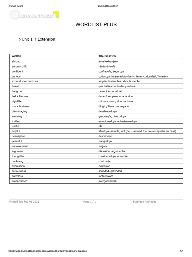 Wordlist Plus: Unit 1 Extension | PDF