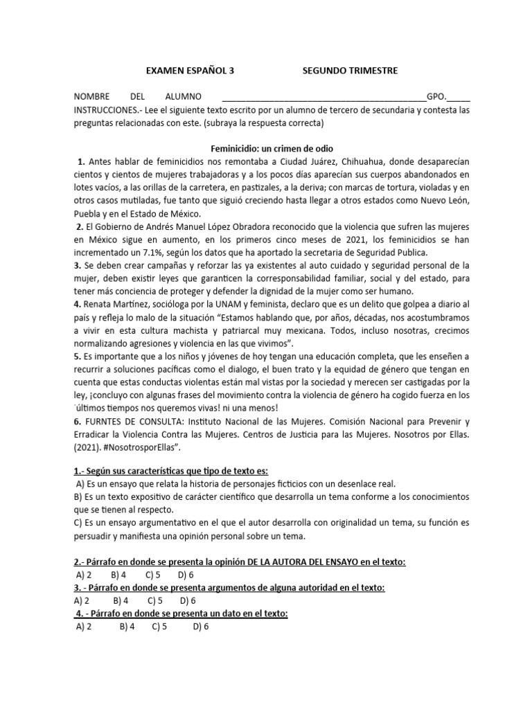 Examen Español 3 Segundo Trimestre | PDF | La violencia contra las ...