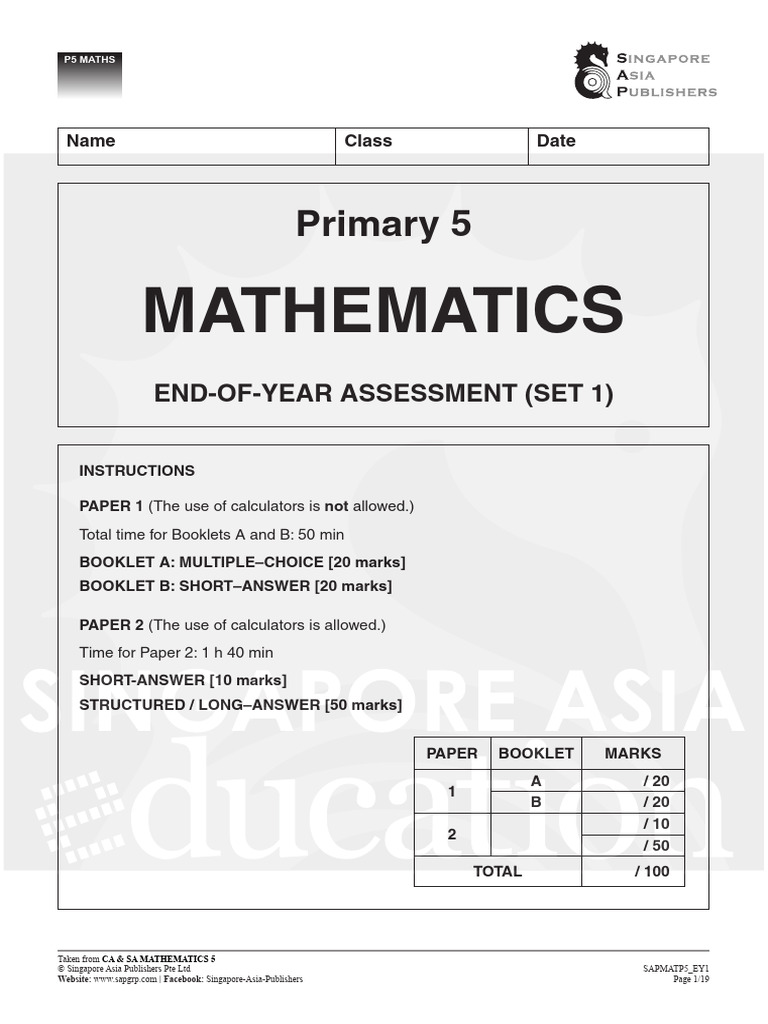P5Maths End of Year Set 1 | PDF | Volume | Mathematics
