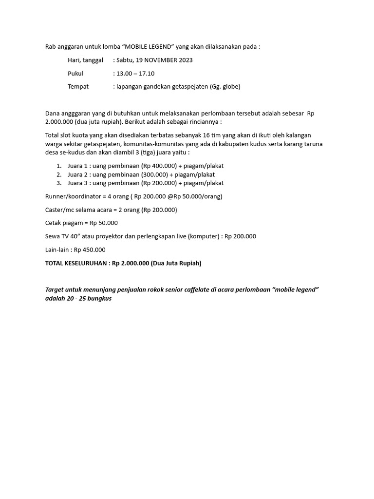 Rab Anggaran Untuk Lomba ML Senior 2023 | PDF | Game & Aktivitas | Griya & Taman