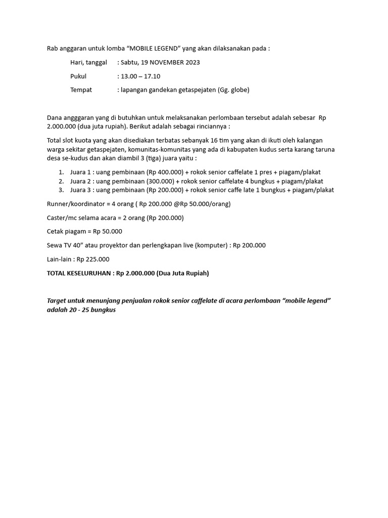 Rab Anggaran Untuk Lomba ML Senior | PDF