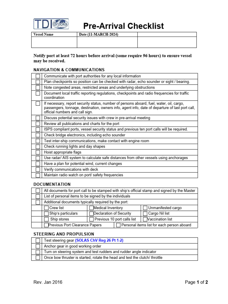 Pre Arrival Checklist Rev Jan2016 | PDF | Watercraft | Ships