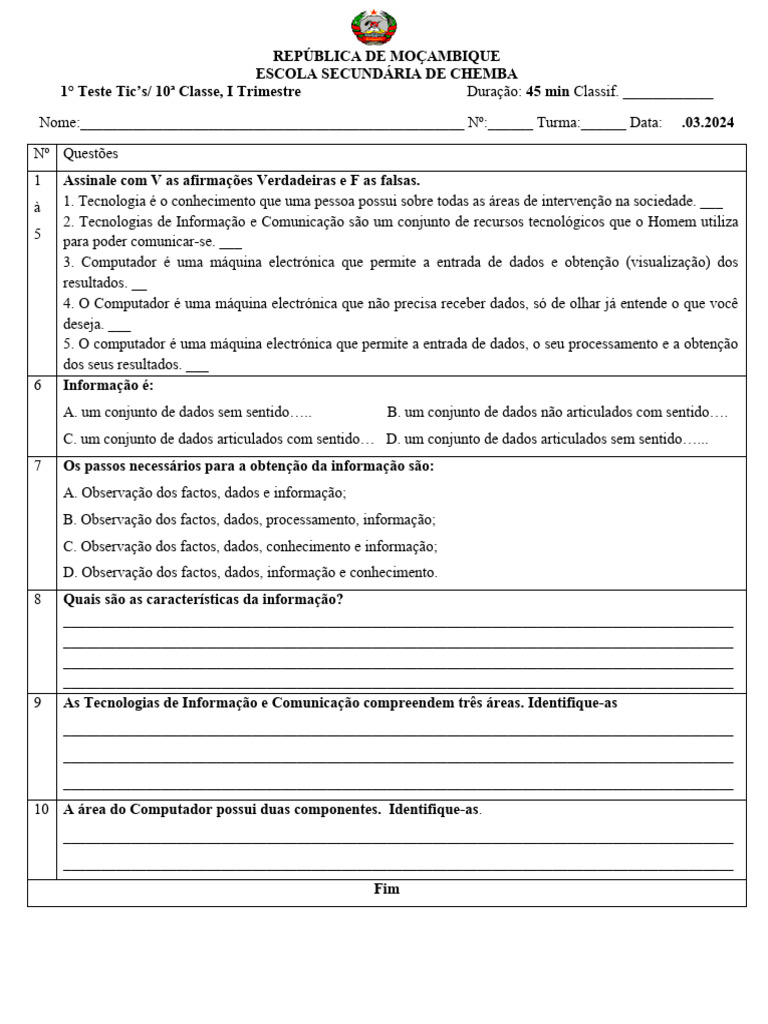 Teste TIC First of 2024 | PDF | Informação | Tecnologia da Informação e ...