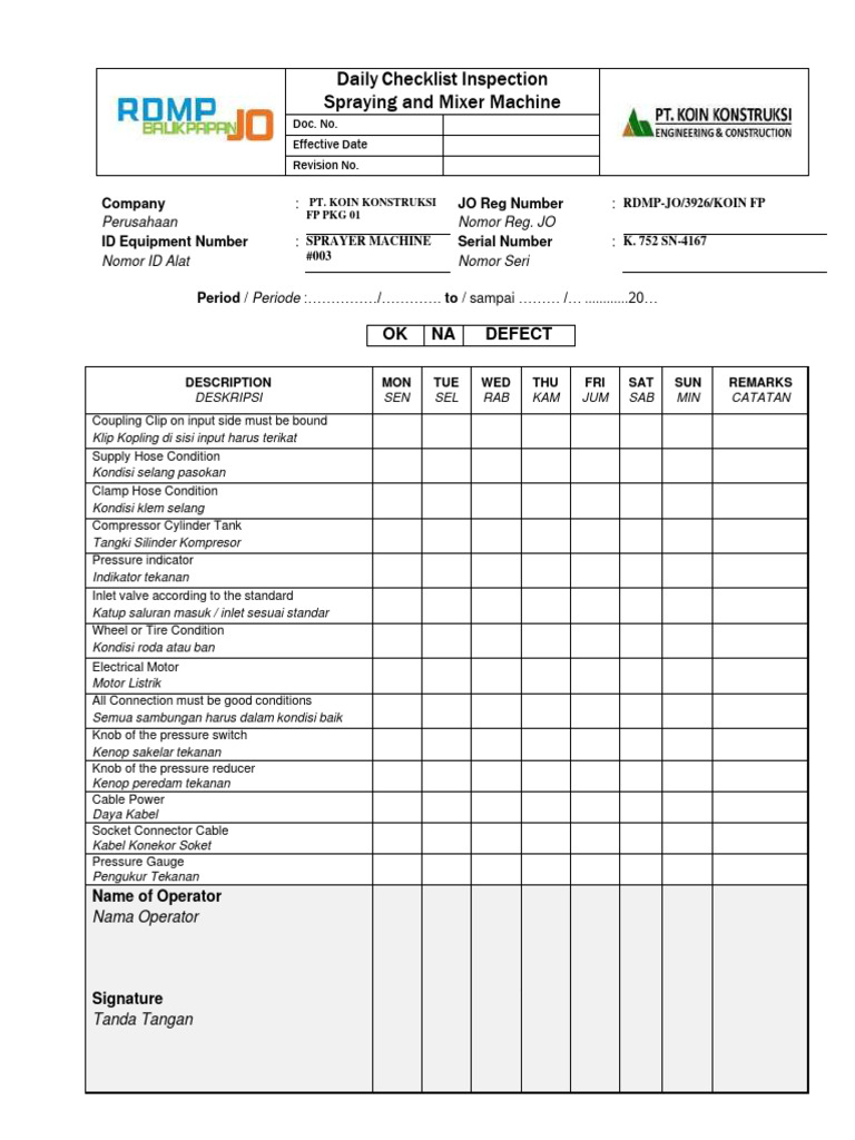 Daily Checklist Spray Machine 003 | PDF