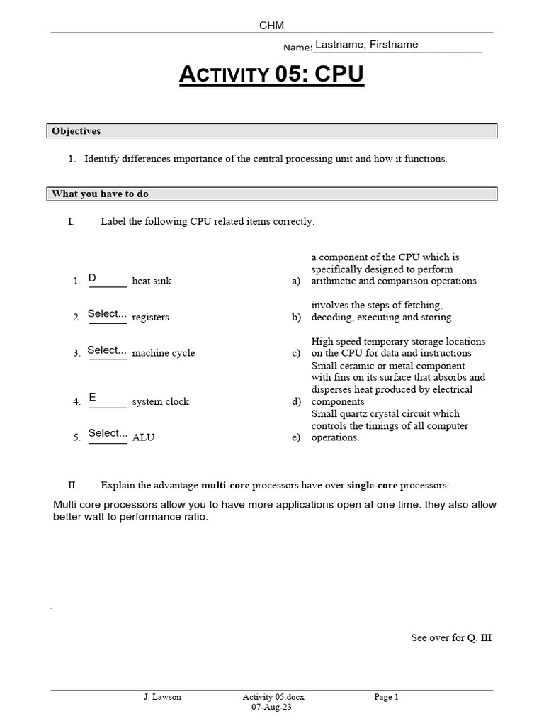 Activity 05 | Download Free PDF | Central Processing Unit | Multi Core Processor