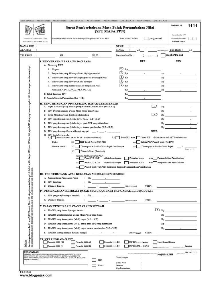 SPT Masa PPN Formulir 1111 Agustus 2024 | PDF