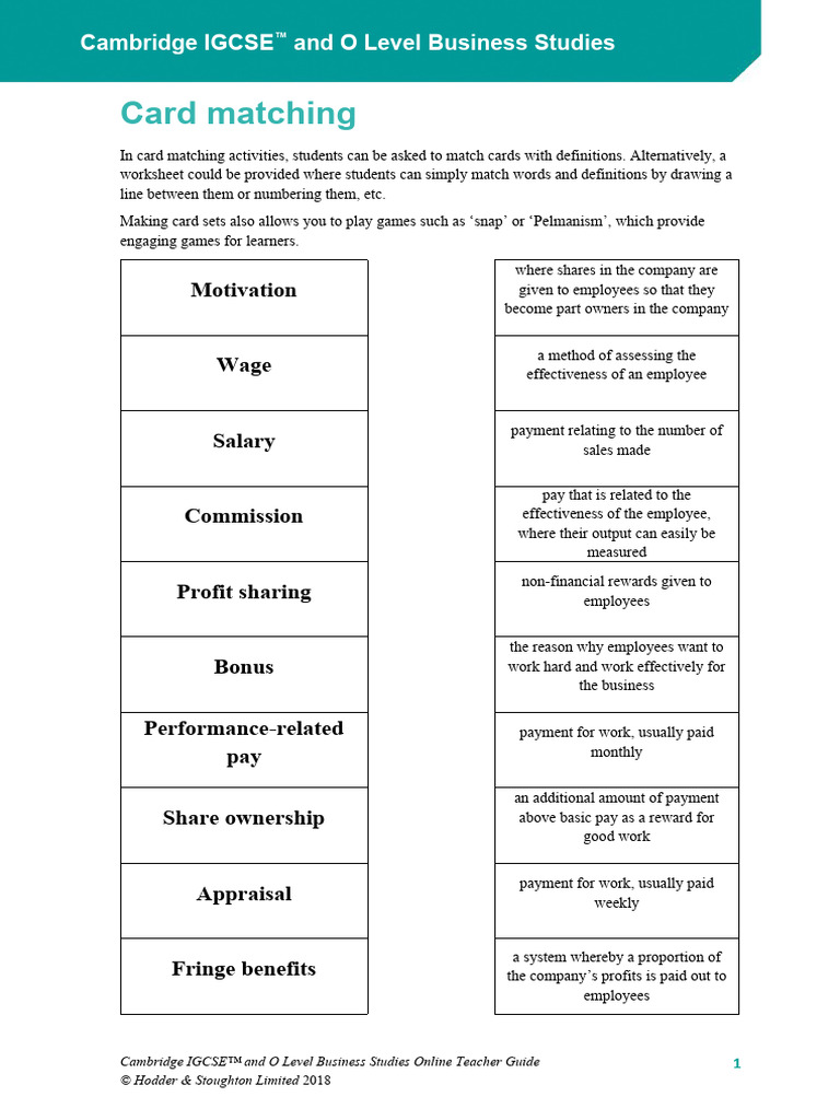 Motivation Card Match IGCSE Business Studies | PDF | Employment | Salary