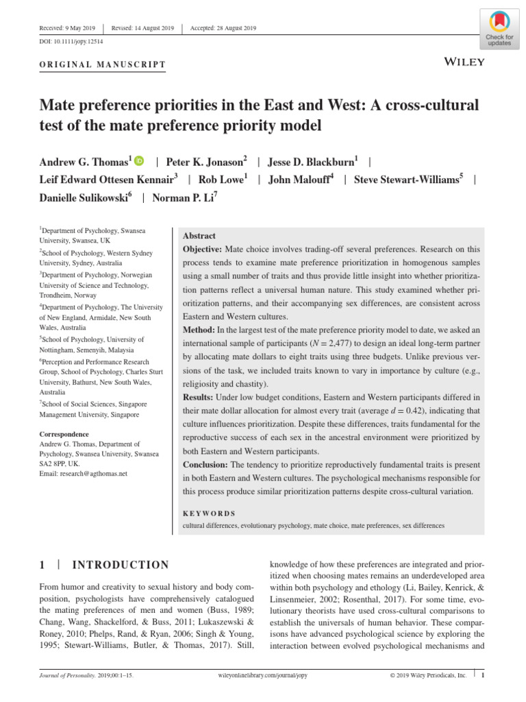 Mate Preference Priorities in The East and West: A Cross Cultural Test ...